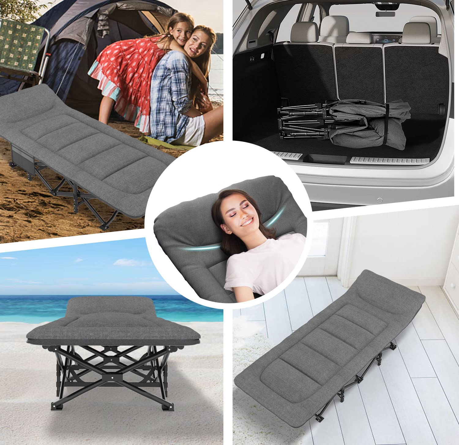 ATORPOK Camping Cot for Adults with Cushion and Pillow, Portable Folding Bed for Sleeping, Lightweight Tent cot with Carry Bag Supports 450 lbs (Grey)