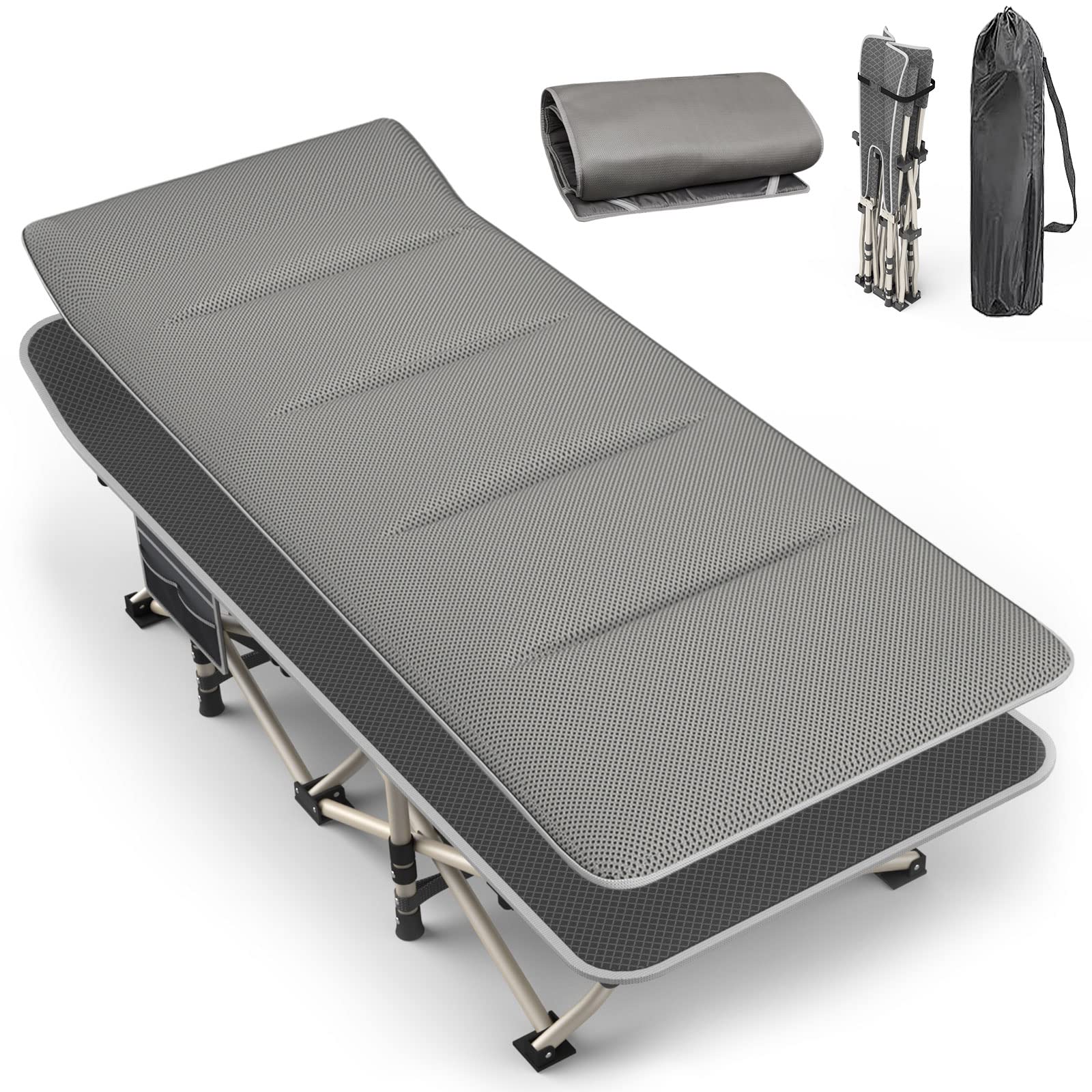 ATORPOK Camping Cot for Adults with Cushion, Sleeping Cots Comfortable Folding Bed 450lbs, Portable Tent Cots with Carry Bag for Camp Office Beach Use, Grey