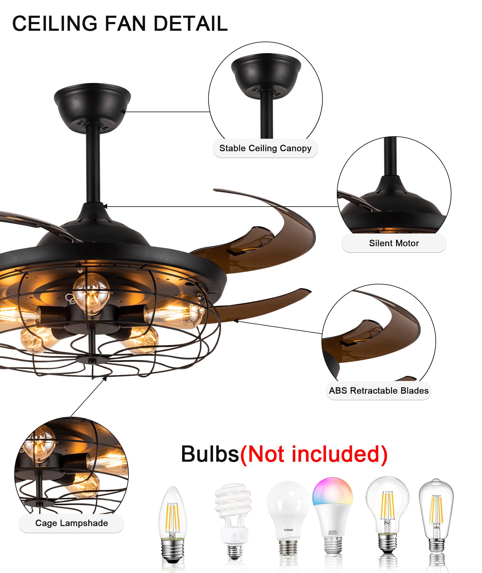 APBEAMLighting 48 Inches Retractable Ceiling Fan Industrial Caged Ceiling Fan Reversible Blades Black Farmhouse Ceiling Fan with Lights and Remote Control for Living Dining Room