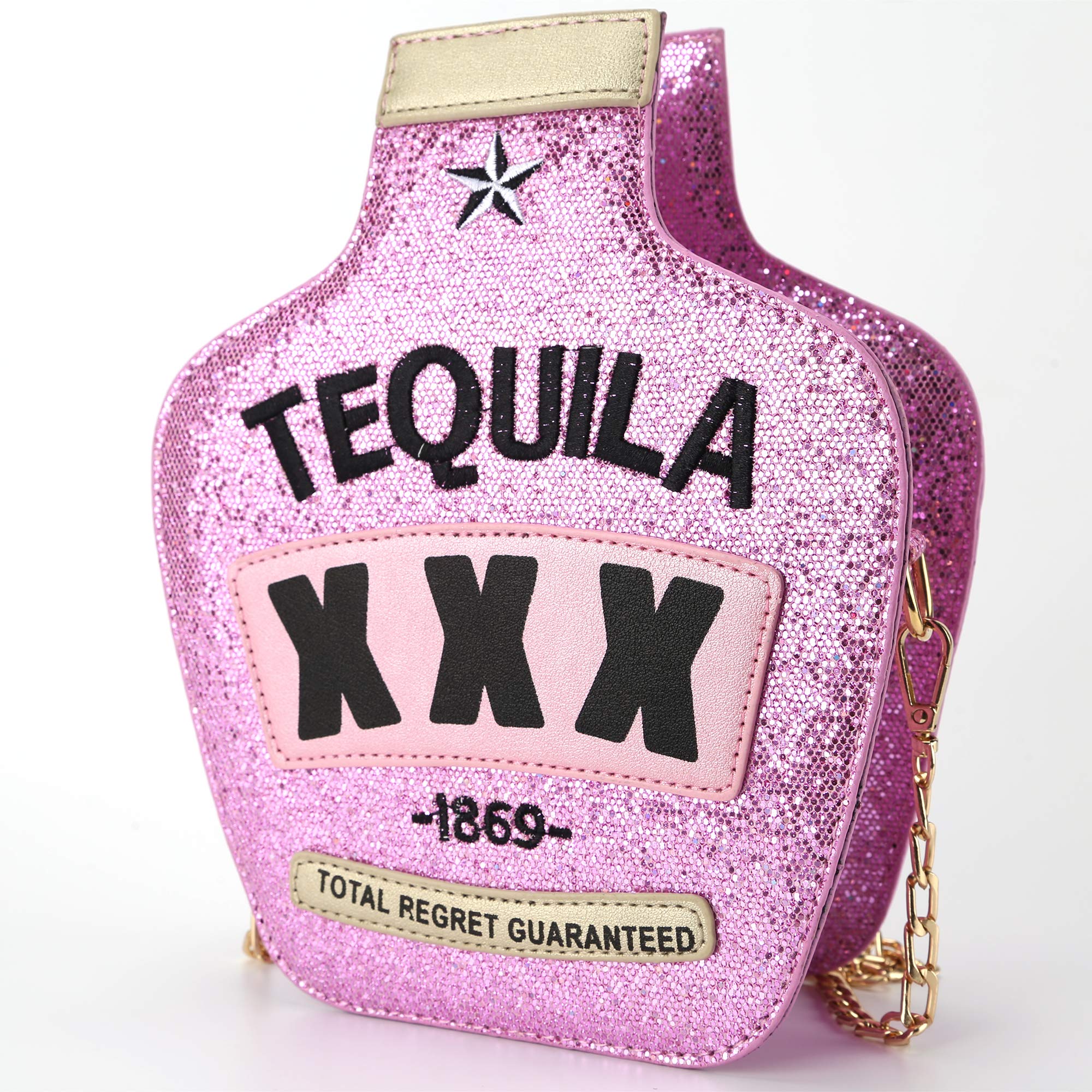 Ondeam Tequila Bottle Shaped Laser Shoulder Handbags,Pu Crossbody Purse for women(Pink B)