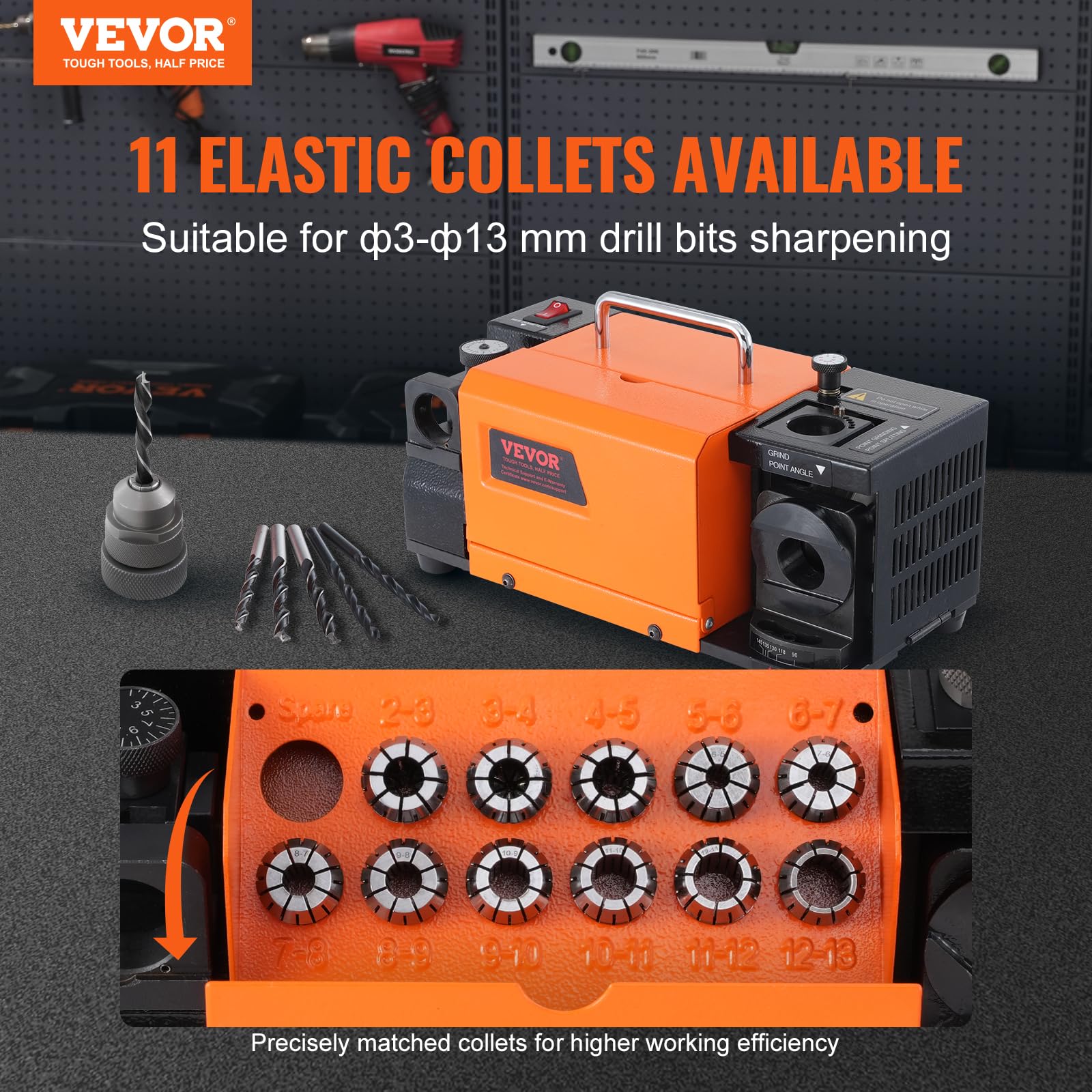 VEVOR Drill Bits Sharpener, 3-13mm Drill Bits Grinder Sharpener, Lip Relief Angle & 95°-135° Point Angle Adjustable Drill Bit Re-Sharpener, Portable Sharpening Machine with 11 Collets, CBN & SDC Wheel