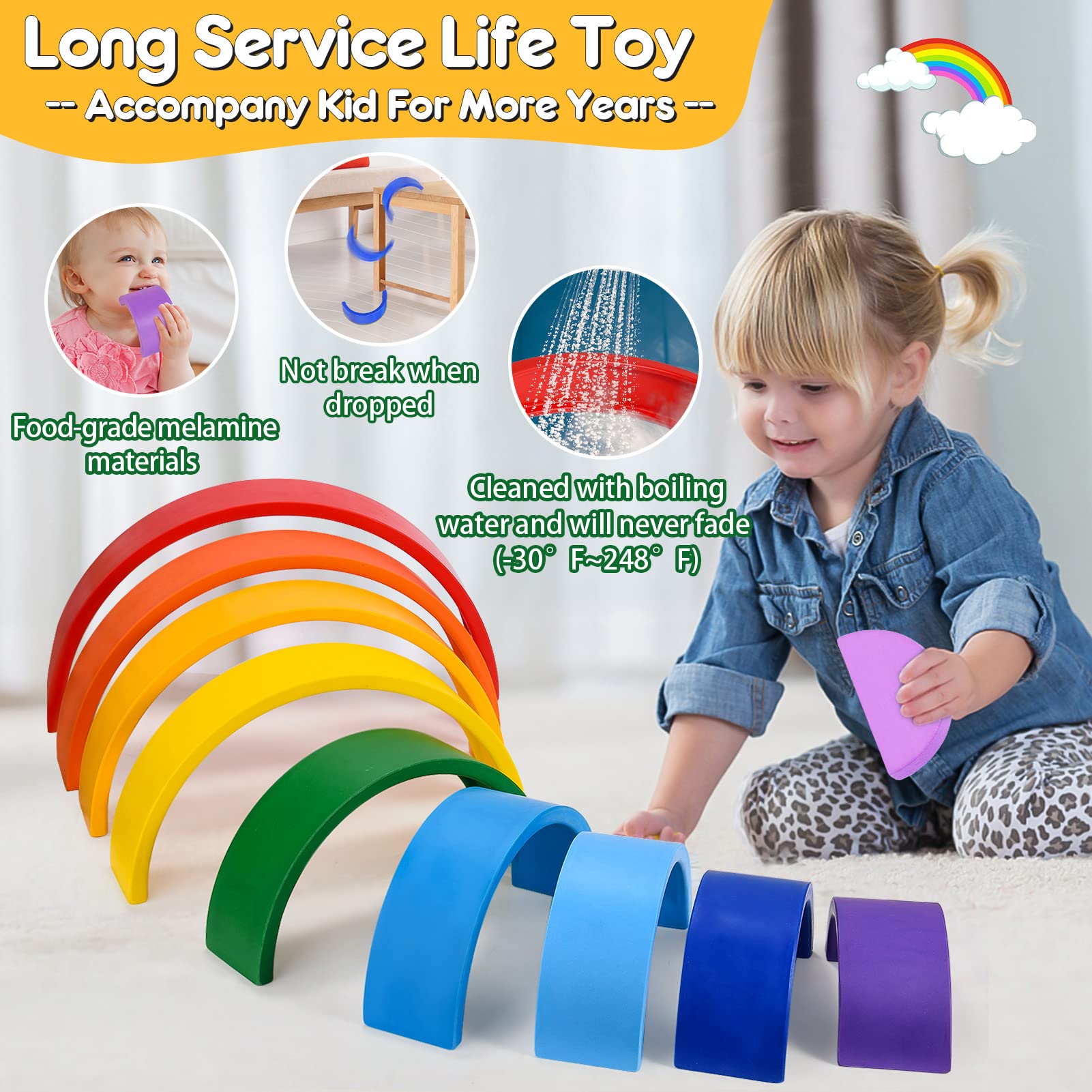 Atoylink Melamine Rainbow Stacking Toy Nesting Block Puzzle, Washable Extra Large 12Pcs Anti-break Non-BPA Building Game Stacker for Baby Kid Toddler Montessori Toys Educational Early Development Gift