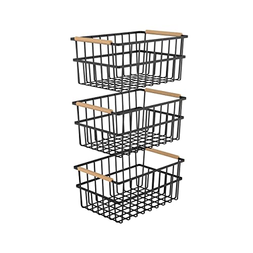 Oceanstar Metal Wire Organizer Bin Handles WBHB1910 Basket Set, One-Size, Black, 3 Count