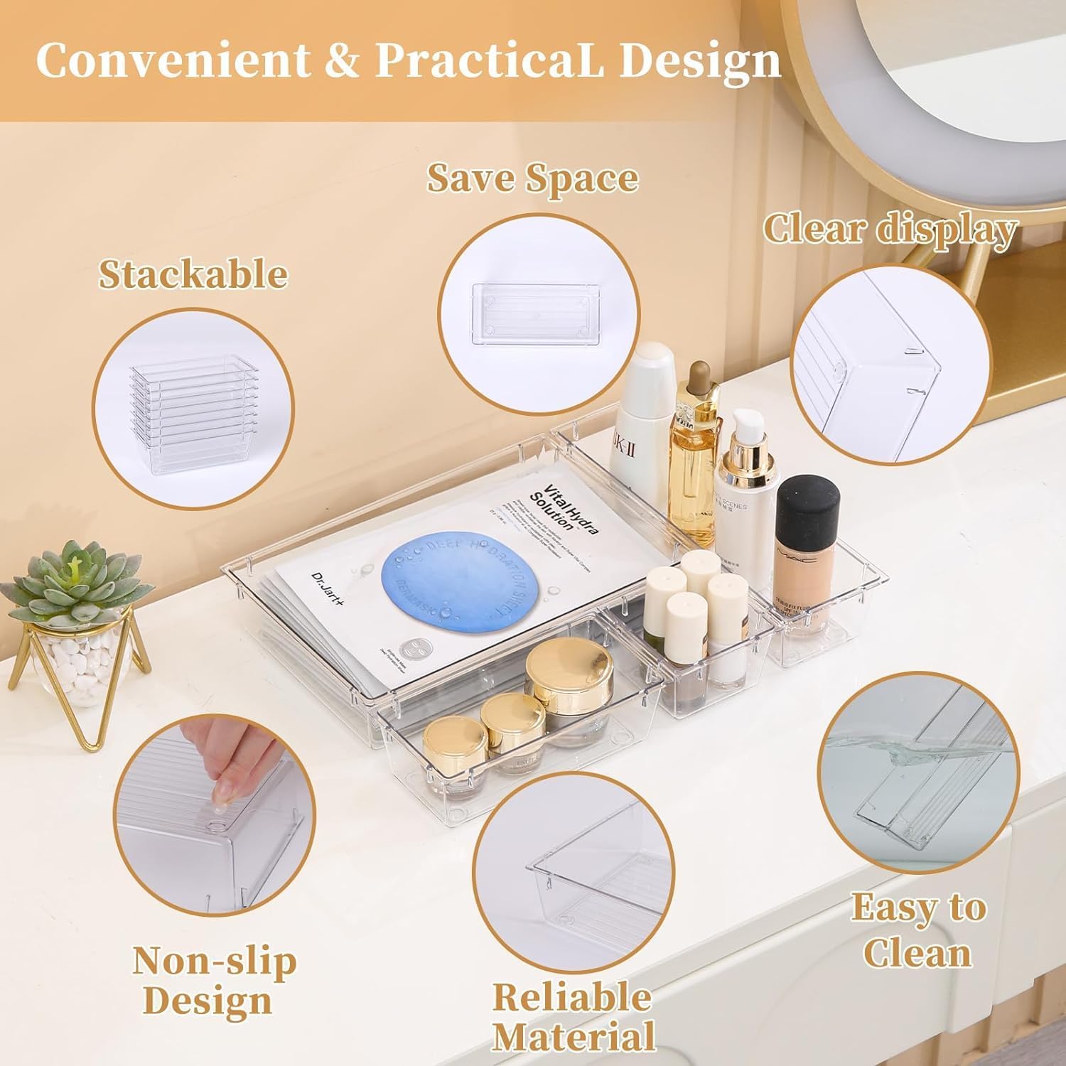 Clear Plastic Drawer Organizer Set - 25 Pcs Desk Makeup Drawer Organizers Trays Divider Versatile Storage Box Bins for Dresser Vanity Jewelry Bathroom Office Supplies Kitchen Utensils Tool Gadgets