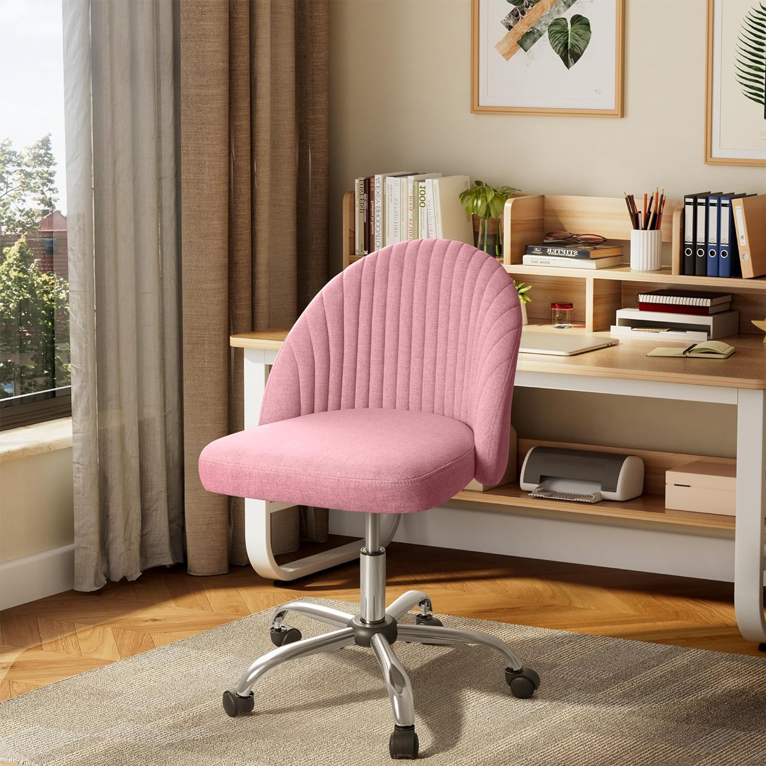 Furniwell Office Chair Armless Cute Desk Chair Modern Adjustable Swivel Padded Fabric Vanity Task Computer Chair Home Office Desk Chairs with Wheels (Pink)