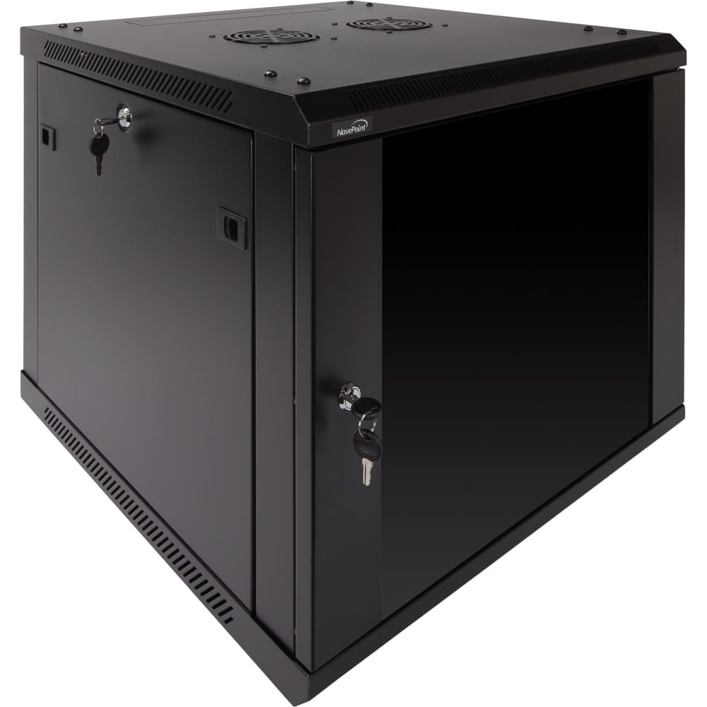 NavePoint 9U Server Rack Enclosure - 23.6β Deep, 9U Wall Mount Network Cabinet with Locking Glass Door for 19β IT Equipment, 9U Network Rack with 2 Fans, Removable Side Panels, Black