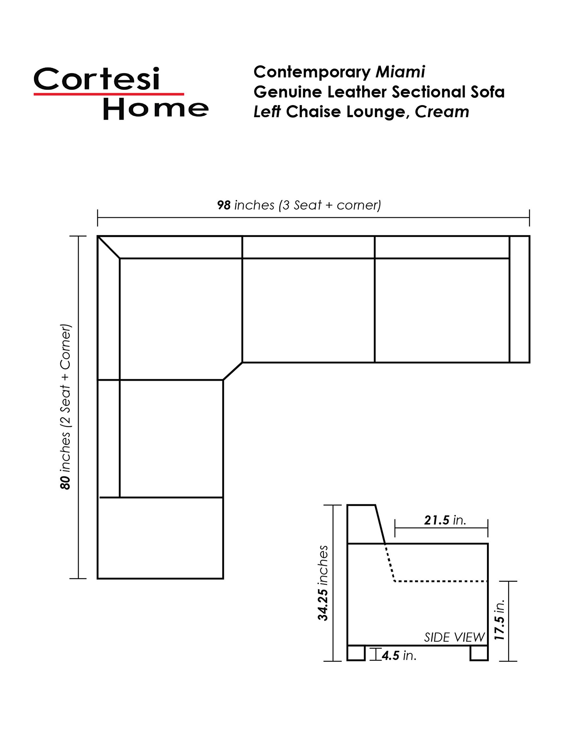 Cortesi Home Contemporary Miami Genuine Leather Sectional Sofa with Left Facing Chaise Lounge, Off White 80"x98"