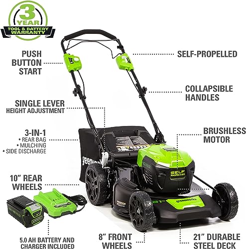 Greenworks 40V 21" Cordless Self-Propelled Lawn Mower,(500 CFM/120 MPH) Axial Leaf Blower,13" String Trimmer,Combo Kit w/ (1) 5Ah (1)2AH Battery, (2) 2A Chargers
