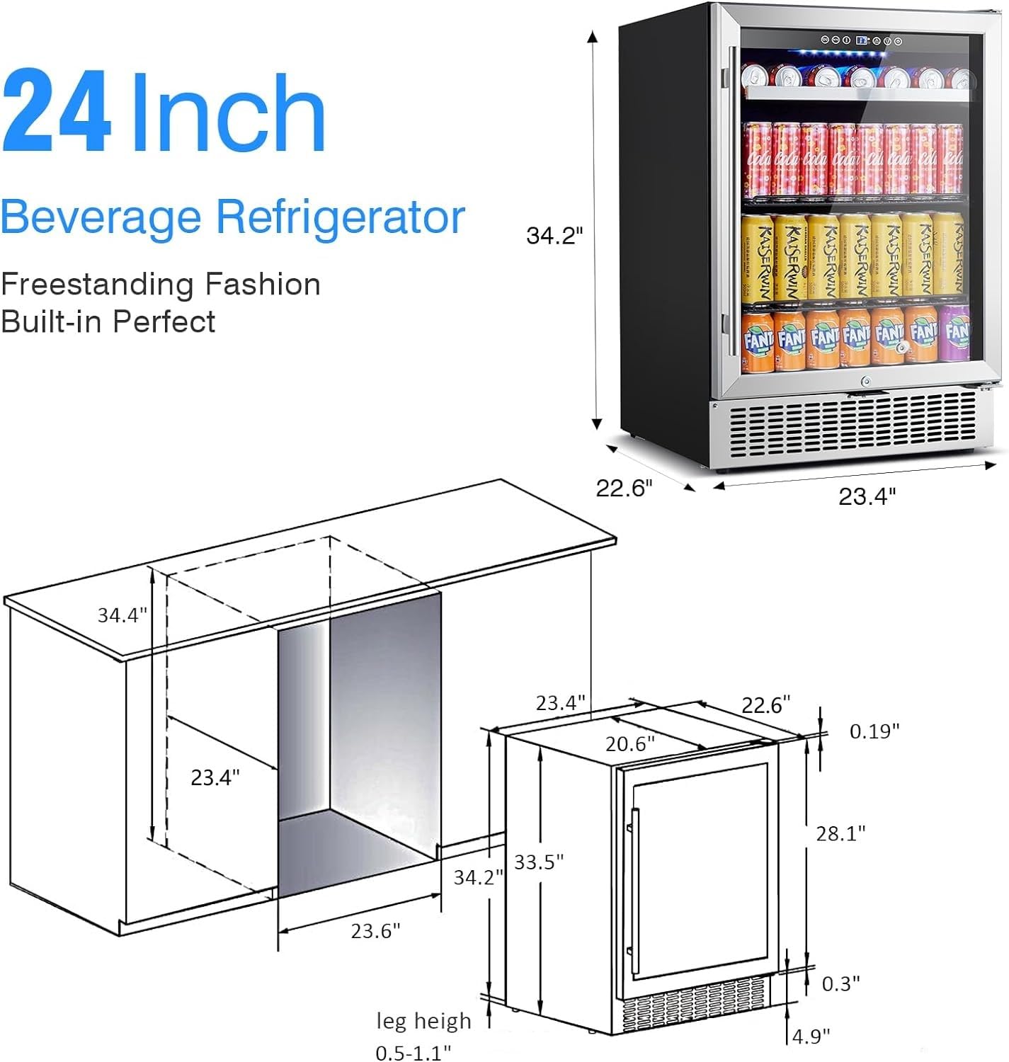 BODEGA Beverage Refrigerator 24 Inch, Under Counter Beverage Refrigerator, Built-in and Freestanding Beverage Cooler 180 Cans, Stainless Steel Under Counter Beer Fridge Perfect for Beer, Soda, Water