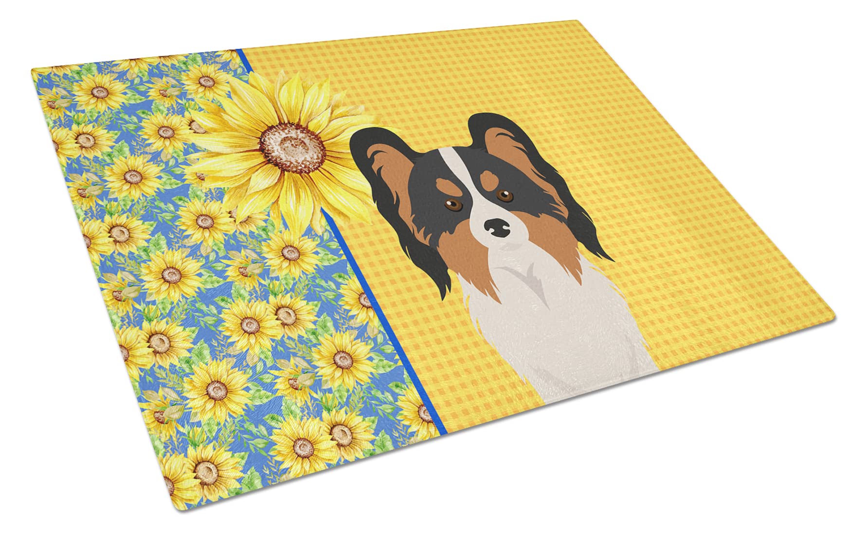 Caroline's Treasures WDK5451LCB Summer Sunflowers Tricolor Papillon Glass Cutting Board Large Decorative Tempered Glass Kitchen Cutting and Serving Board Large Size Chopping Board