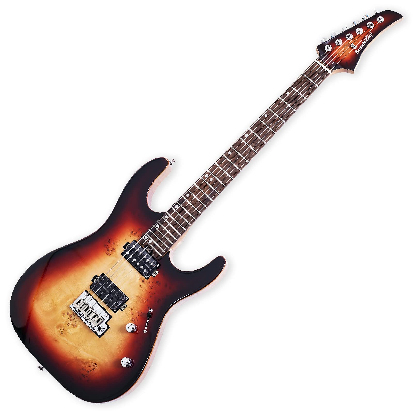 Boya&Ziqi BZK-024 Electric Guitar, Stainless Steel Frets (Hand Polished), Push-Pull Volume Control,5 Piece Roasted Maple/Maple Neck,Mahogany Body Topped with Burl Venner (Hot Magma, Right)