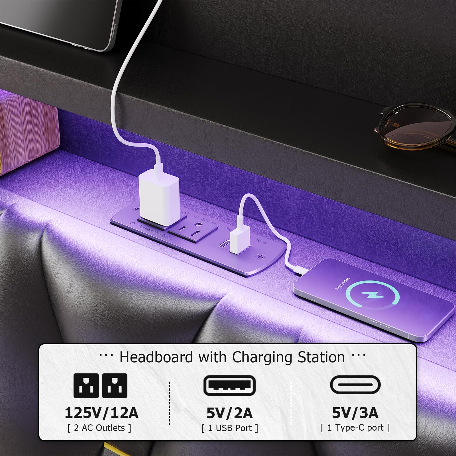 BYSAUD Floating Bed Frame with RGB Light,Hidden Storage Space in The headboard,Floating Bed with Charging Station Including 2 Standard sockets, PU Leather (King)