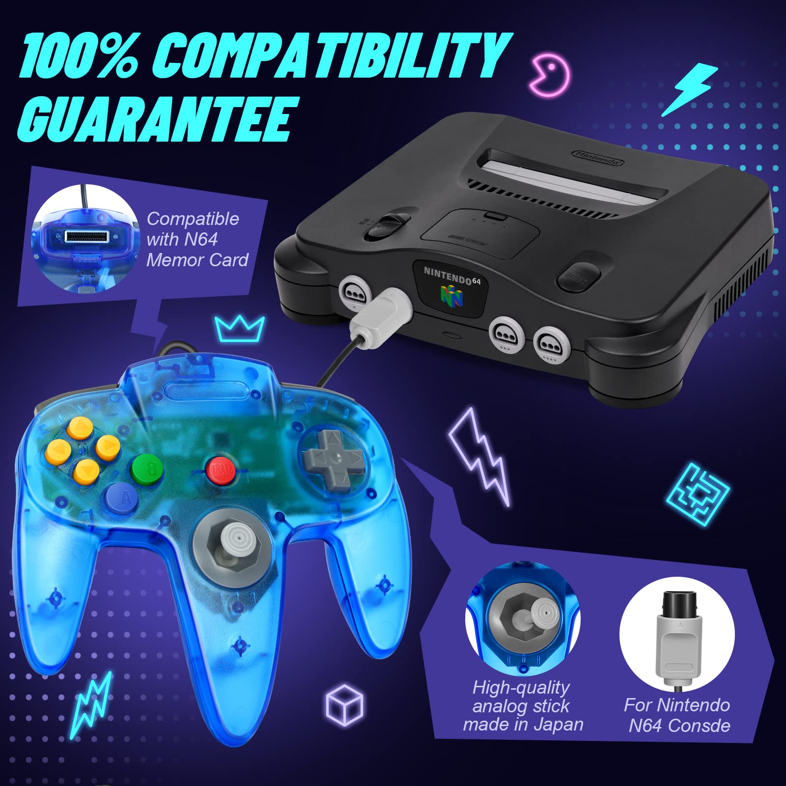 N64 Controller, FISUPER Wired Classic Game Controller Gamepad Joystick for N64 Console (Clear Blue)