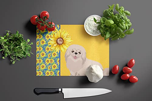 Caroline's Treasures WDK5456LCB Summer Sunflowers White Pekingese Glass Cutting Board Large Decorative Tempered Glass Kitchen Cutting and Serving Board Large Size Chopping Board