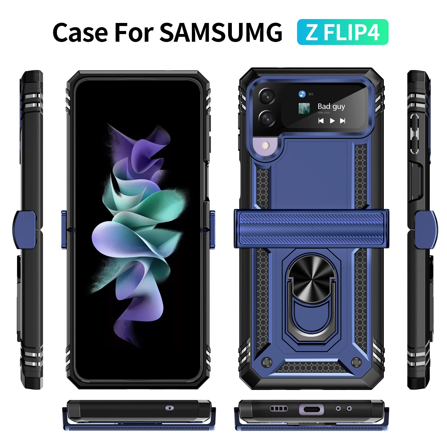 Armor Protective Case for Samsung Galaxy Z Flip 4 / Z Flip 3 5G, Military Grade Shockproof Samsung Galaxy Z Flip 4 & Z Flip 3 Case with Hinge Protection with Finger Ring Stable Kickstand, Blue