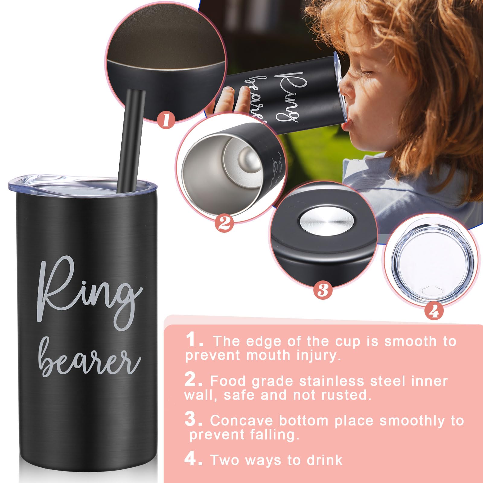 Sieral 2 Pcs 16 oz Flower Ring Bearer Tumbler Cup Stainless Steel Cup with Straw Water Bottle Gift Idea for Wedding Party(Black, Pink)