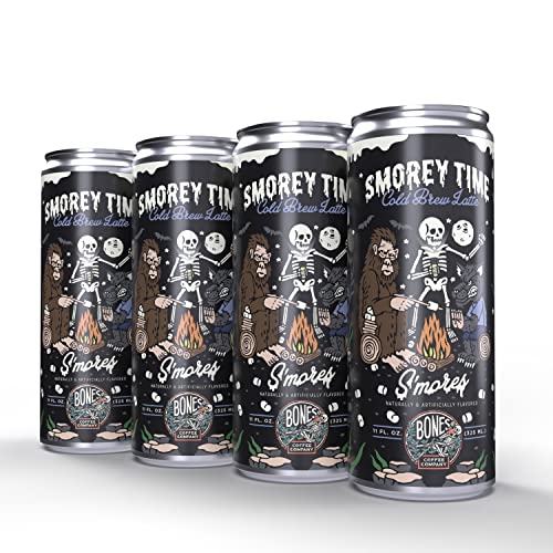 Bones Coffee Company S'morey Time Cold Brew Latte S'mores & Graham Crackers Flavored Coffee | Ready To Drink 100% Cold Brew Coffee Can | Cold Brew Latte S'mores in Cans | 11 Fl Oz Can (4 Pack)