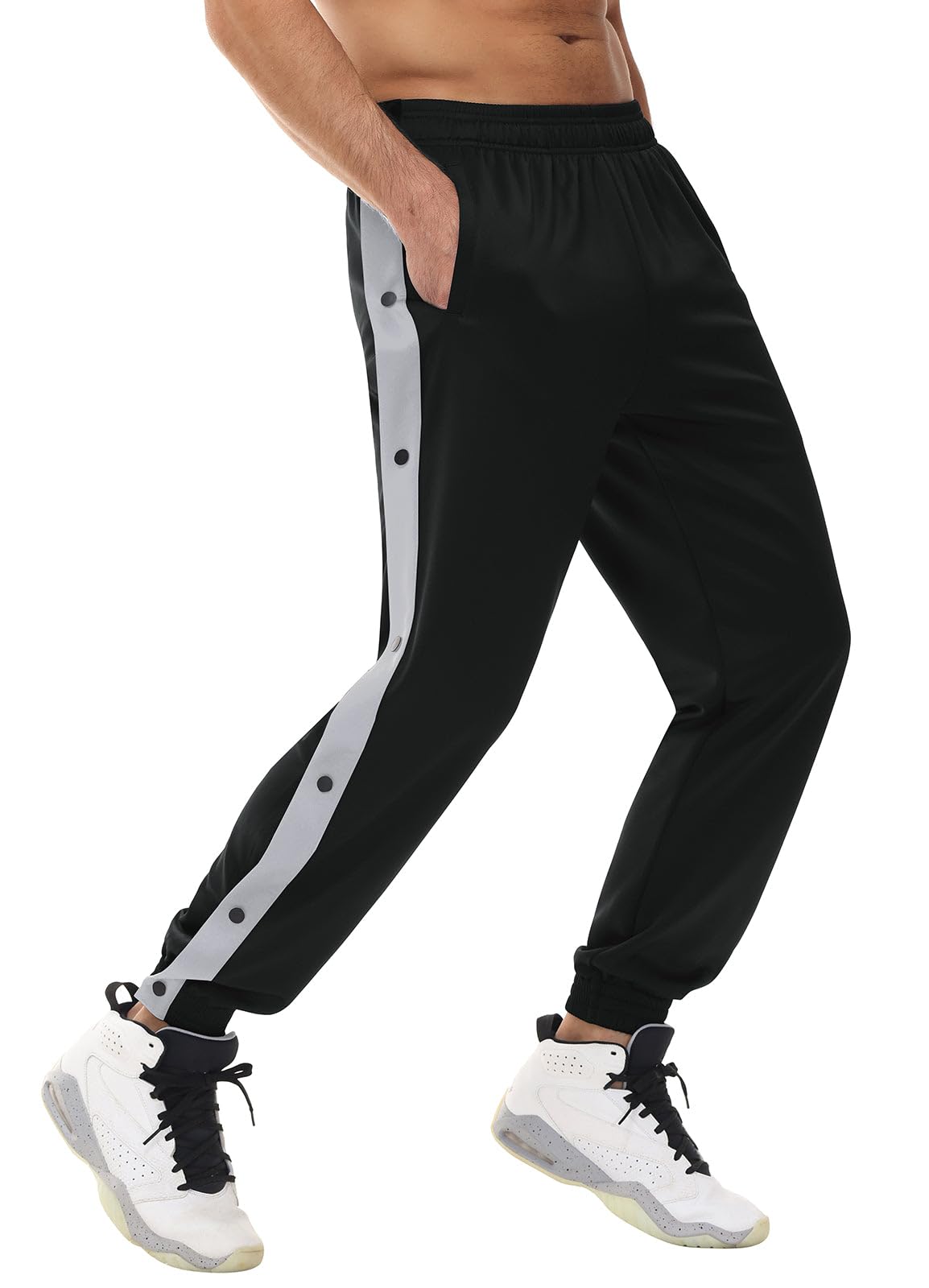 BALEAF Men's Sport Track Pants Side Snap Breakaway Sweatpants Active Warm Up Track Pants Black Grey XXL
