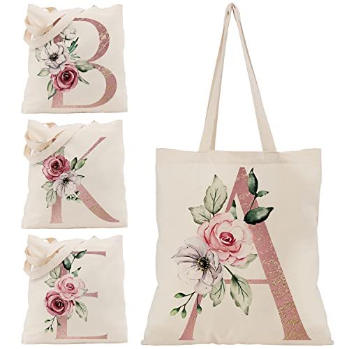 Floral Initial Canvas Bags for Women - Initial Tote Wedding Bag for Bridal Shower - Bachelorette Party Gift for Bridesmaid (Initial #T)