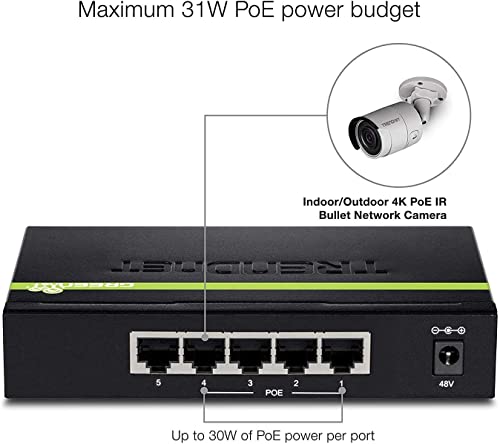 TRENDnet 5-Port Gigabit PoE+ Switch, 31 W PoE Budget, 10 Gbps Switching Capacity, Data & Power Through Ethernet to PoE Access Points and IP Cameras, Full & Half Duplex, Black, TPE-TG50g