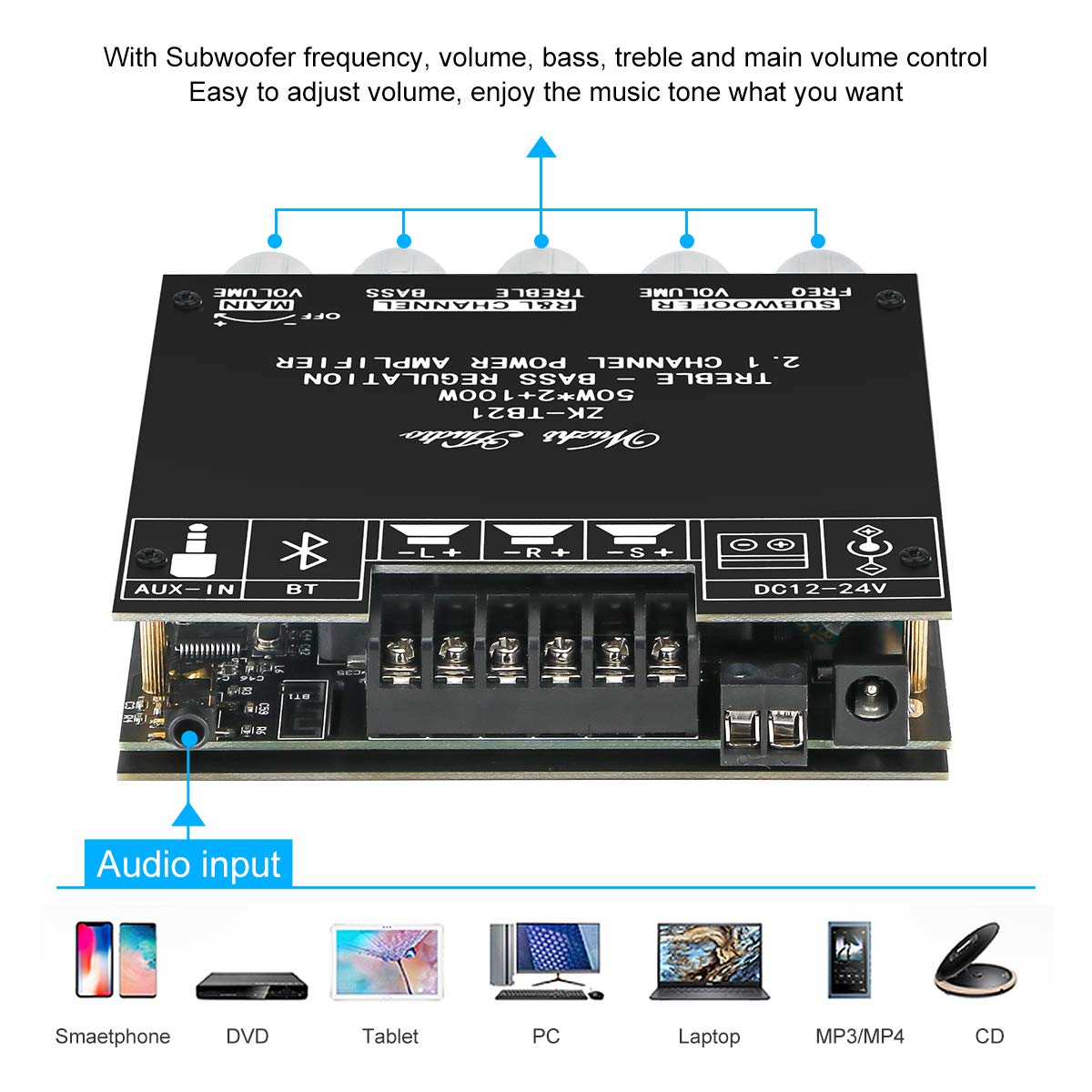MakerHawk Bluetooth Amplifier Board HiFi Stereo 2.1 TPA3116D2 2X50W+100W 12V-24V Audio Power Amplifier Module Bass and Treble Control for Store Home Theater Speakers (ZK-TB21)