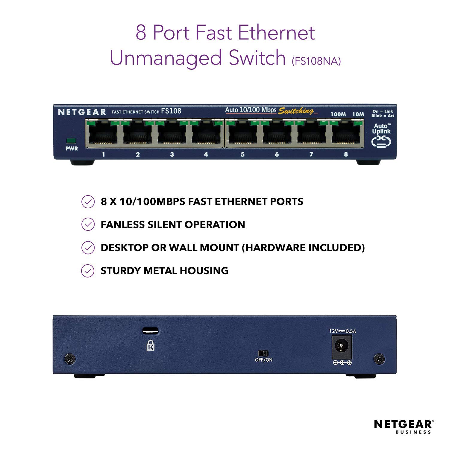 NETGEAR 8-Port Fast Ethernet 10/100 Unmanaged Switch (FS108) - Desktop and ProSAFE Lifetime Protection