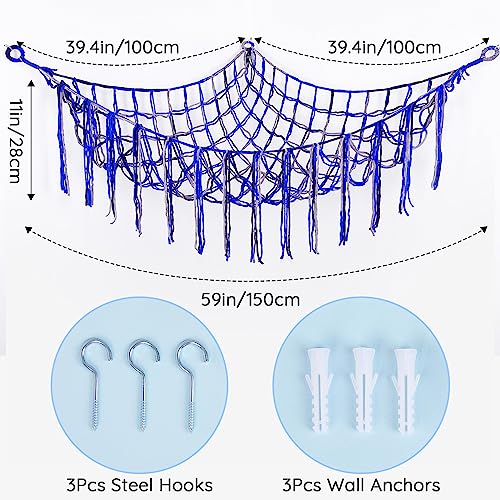 Basumee Stuffed Animals Net or Hammock Toy Storage Organizer Toy Hammock Hanging Stuffed Animals Storage Holder with Tassels for Nursery Kids Bedroom Room Wall Décor, Blue