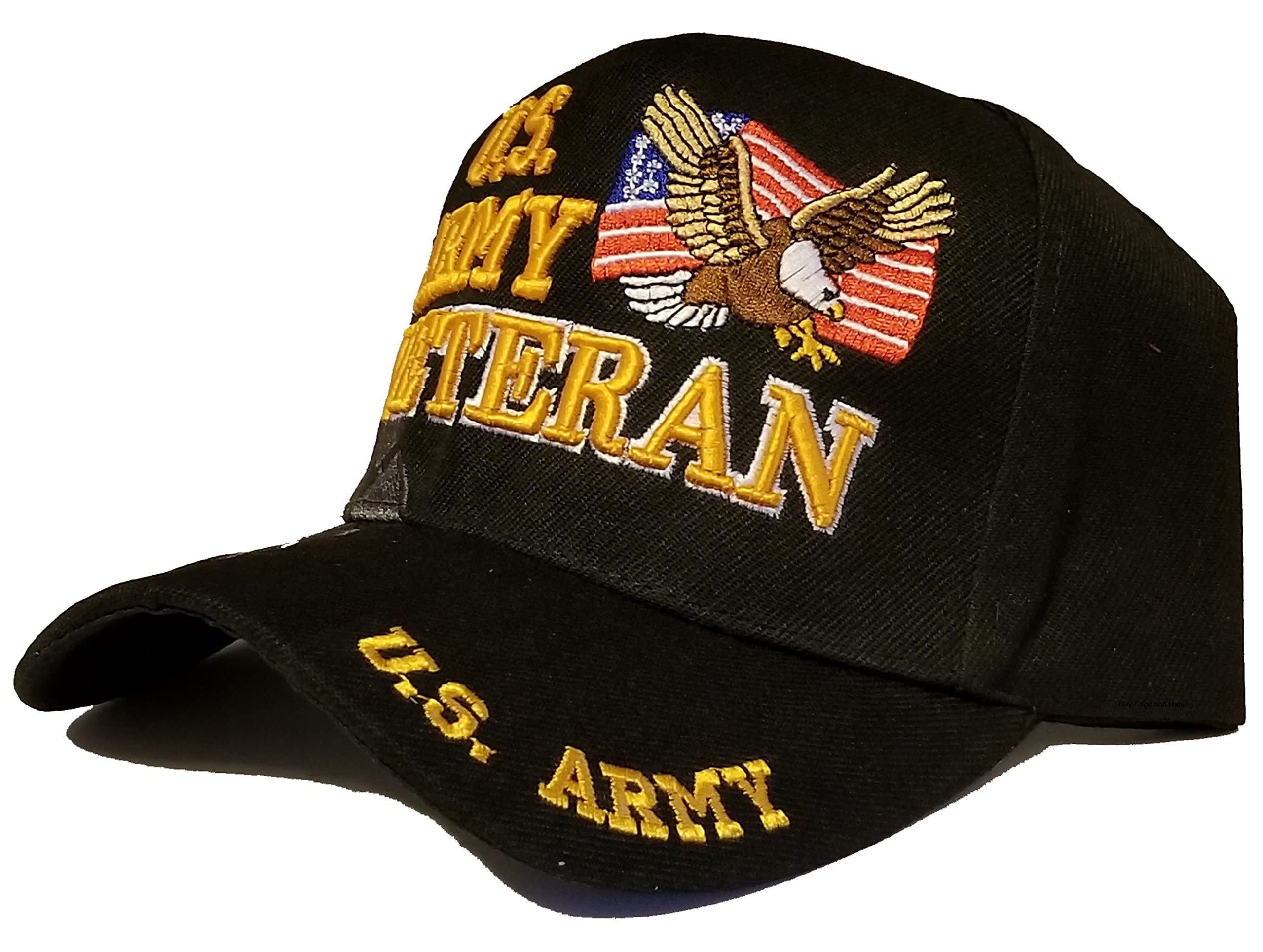 Army Black Baseball Cap US Veteran V American Flag USA Hat United States (Army Veteran Cap Black Side Shadow)