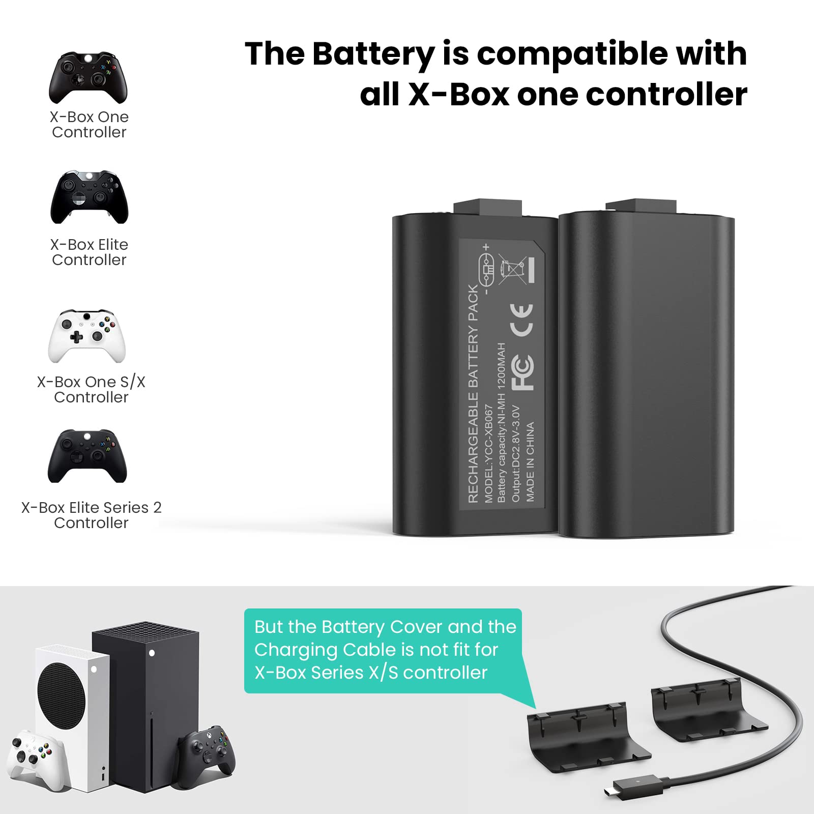 Battery Pack for Xbox One Controller, Compatible with Xbox One/Xbox Series X|S Controller 1200mAh Ni-MH Rechargeable Battery with 5ft Micro USB Charging Cable