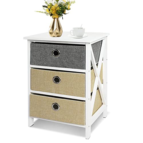 ECOMEX Nightstand Set of 2, Nightstand with 3 Drawers, Small Nightstand with Storage Drawers, Bedside Table with Fabric Bins, Wood Frame, Easy Assembly, White