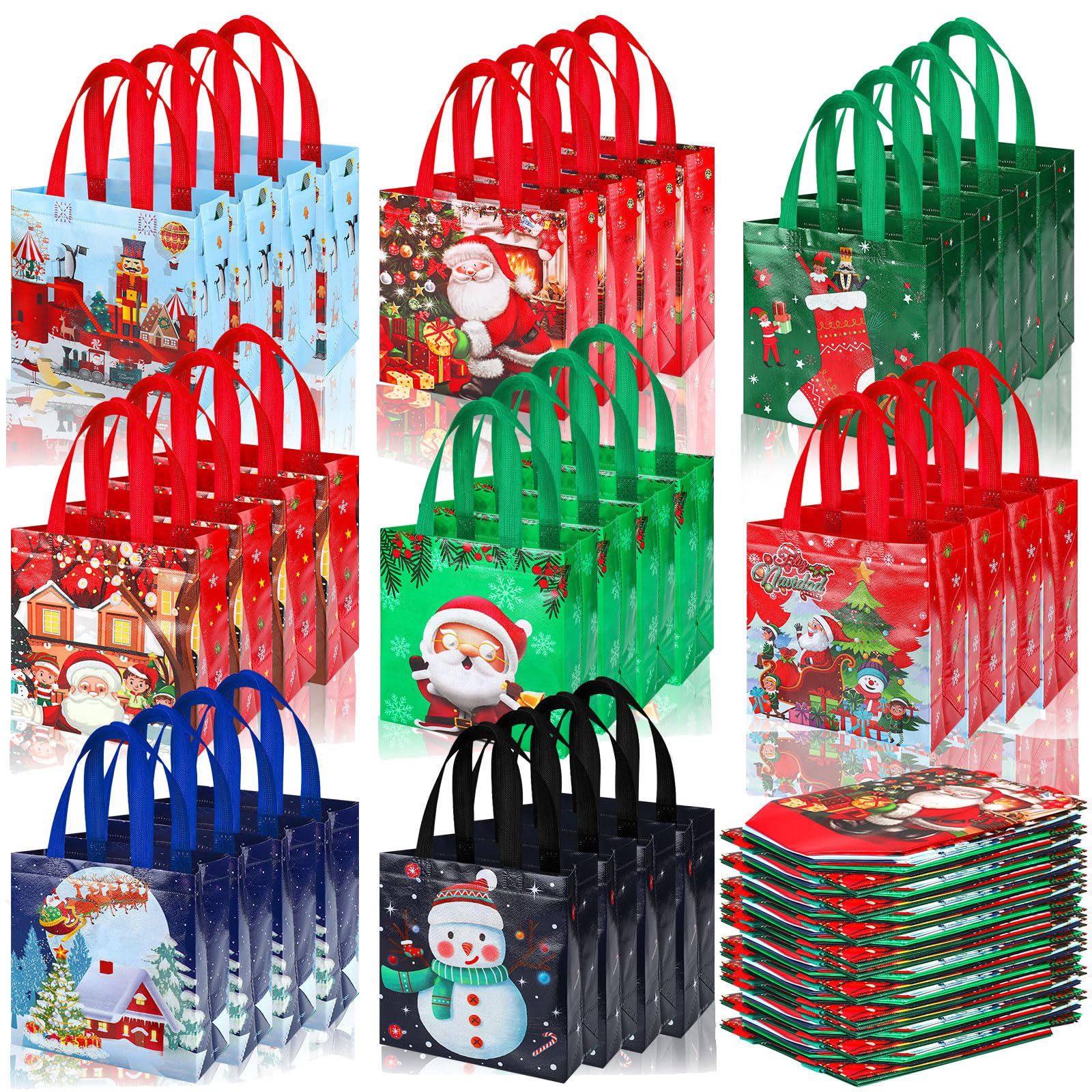 Chapou 100 Pcs Christmas Gift Bag Bulk Reusable Christmas Bags with Handles 9.06 x 8.66 x 4.33 in Xmas Tote Bags Snowman Santa Claus Non Woven Shopping Goodies Bags for Xmas Holiday Party Supplies