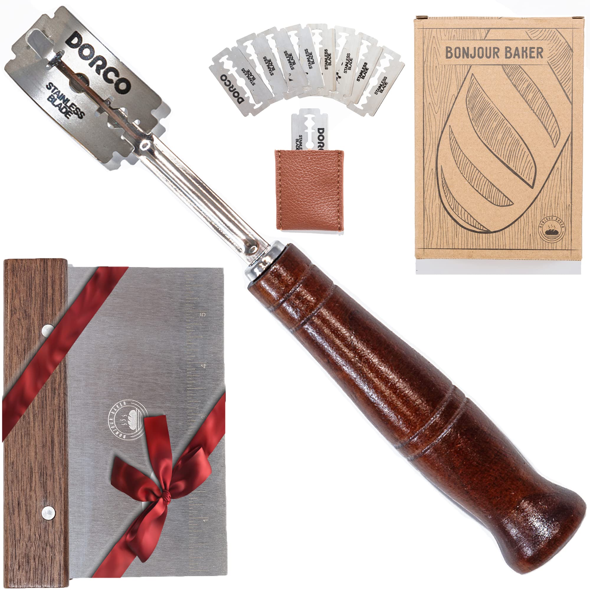 BonjourBaker Bread Lame Scoring Knife | Bread Dough Scoring Tool + Bonus Bread Making Scraper | Lame Bread Tool Baking Kit w/Spare Blades | Bread Razor Lame with Bread Making Accessories for Baking