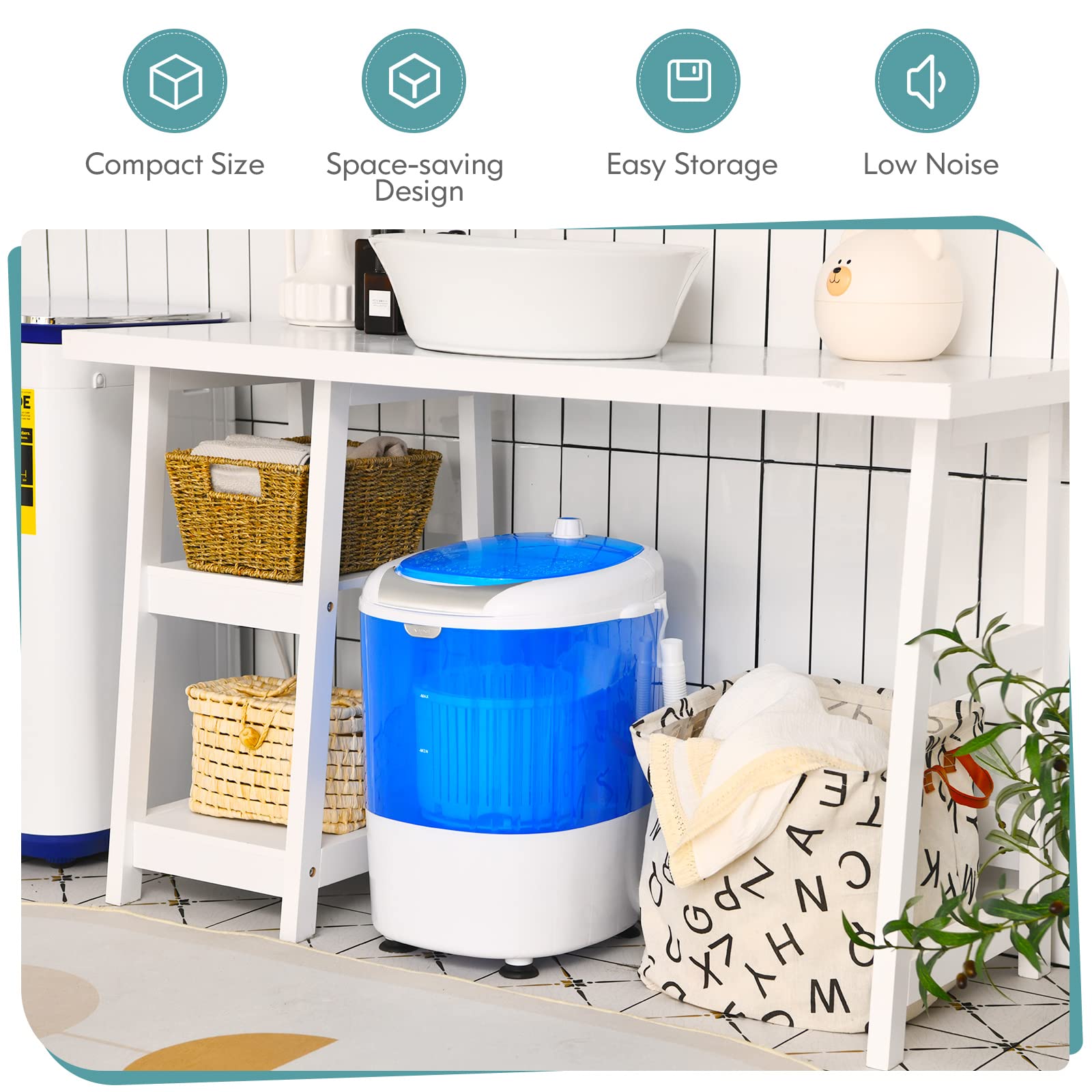COSTWAY Mini Portable Washing Machine, 5.5 lbs Washing Capacity, Compact Laundry Washer with Durable Design, Single Tub, Rotary Controller, Small Washer Machine for Home Apartment Dorms and RV, Blue
