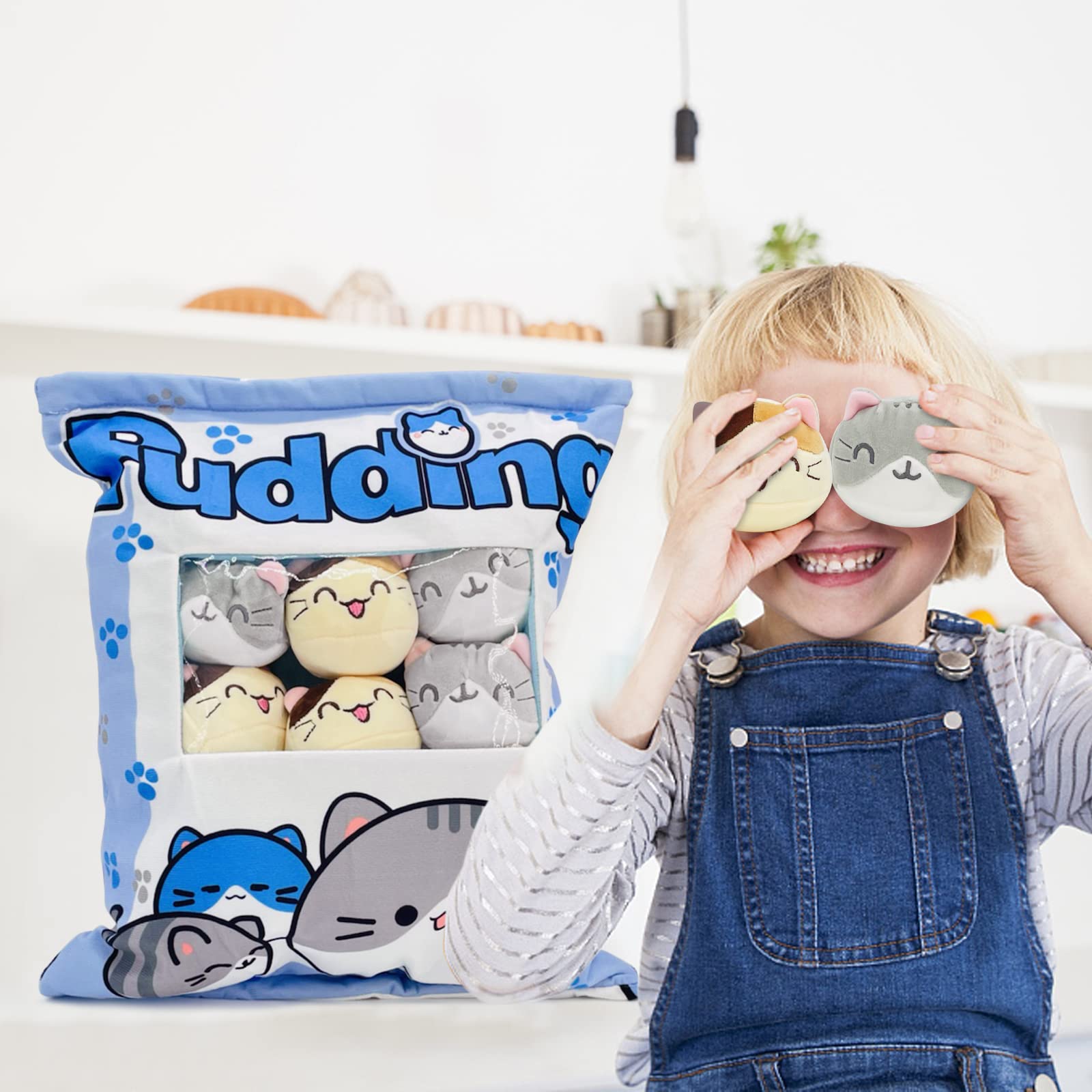 Nenalayo Cute Kitty Cat Snack Pillow Pudding Decorative Stuffed Animal Dolls for Bed Couch Creative Toy Gifts for Teens Girls Kids (Blue)