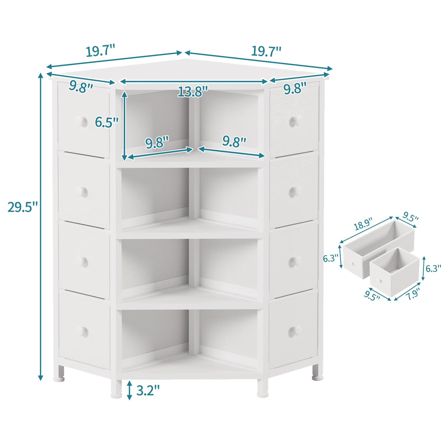 LUMTOK 8 Drawers Corner Dresser with Storage Fabric Drawers and Open Shelves for Small Space,Bedroom,Entryway,Living Room(White)