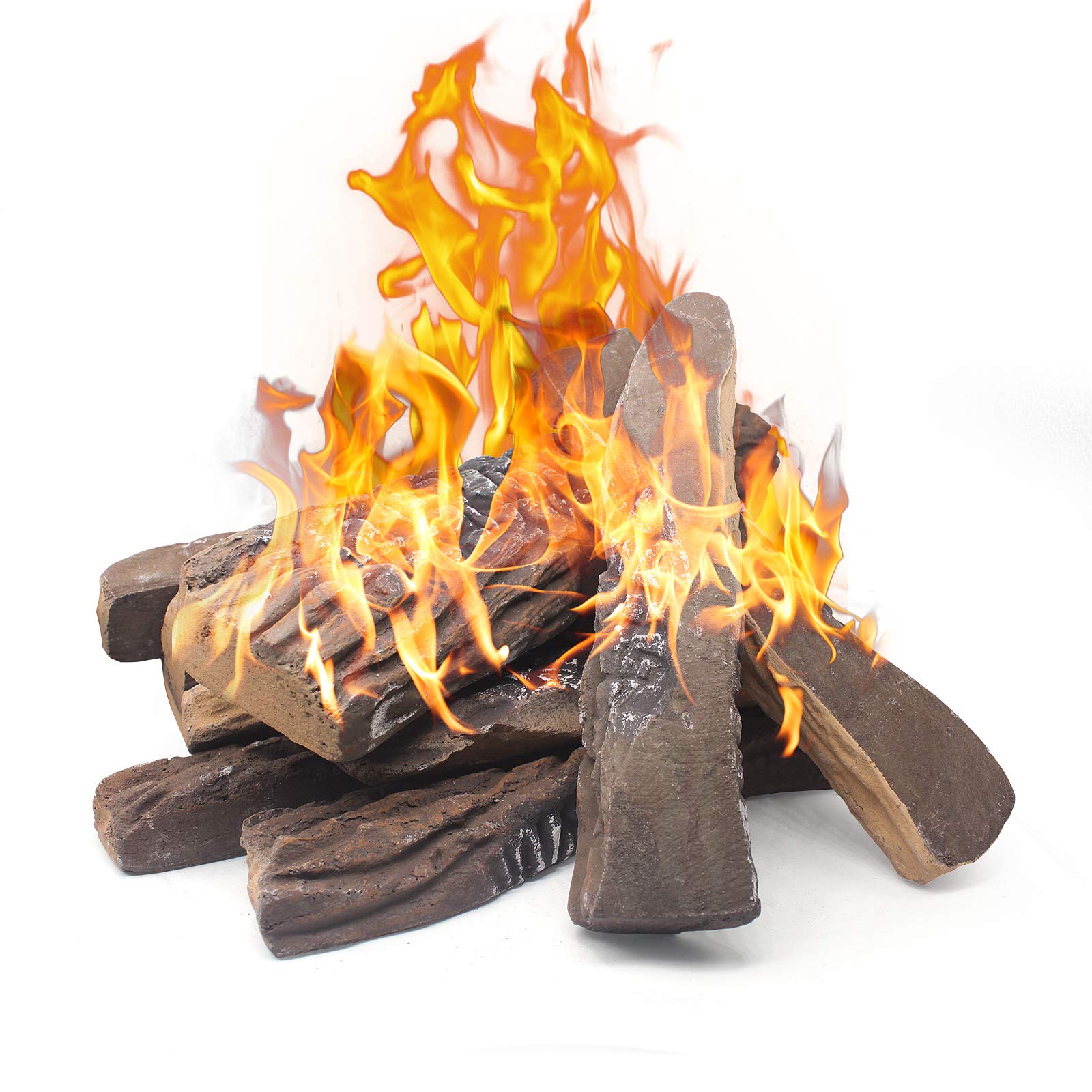Gas Fireplace Logs,10pcs Large Faux Firepit Logs, Decorative Ceramic Wood Log Set for Indoor Outdoor Gas Insets, Vented,Ventless, Electric,Ethanol,Gel Fireplaces