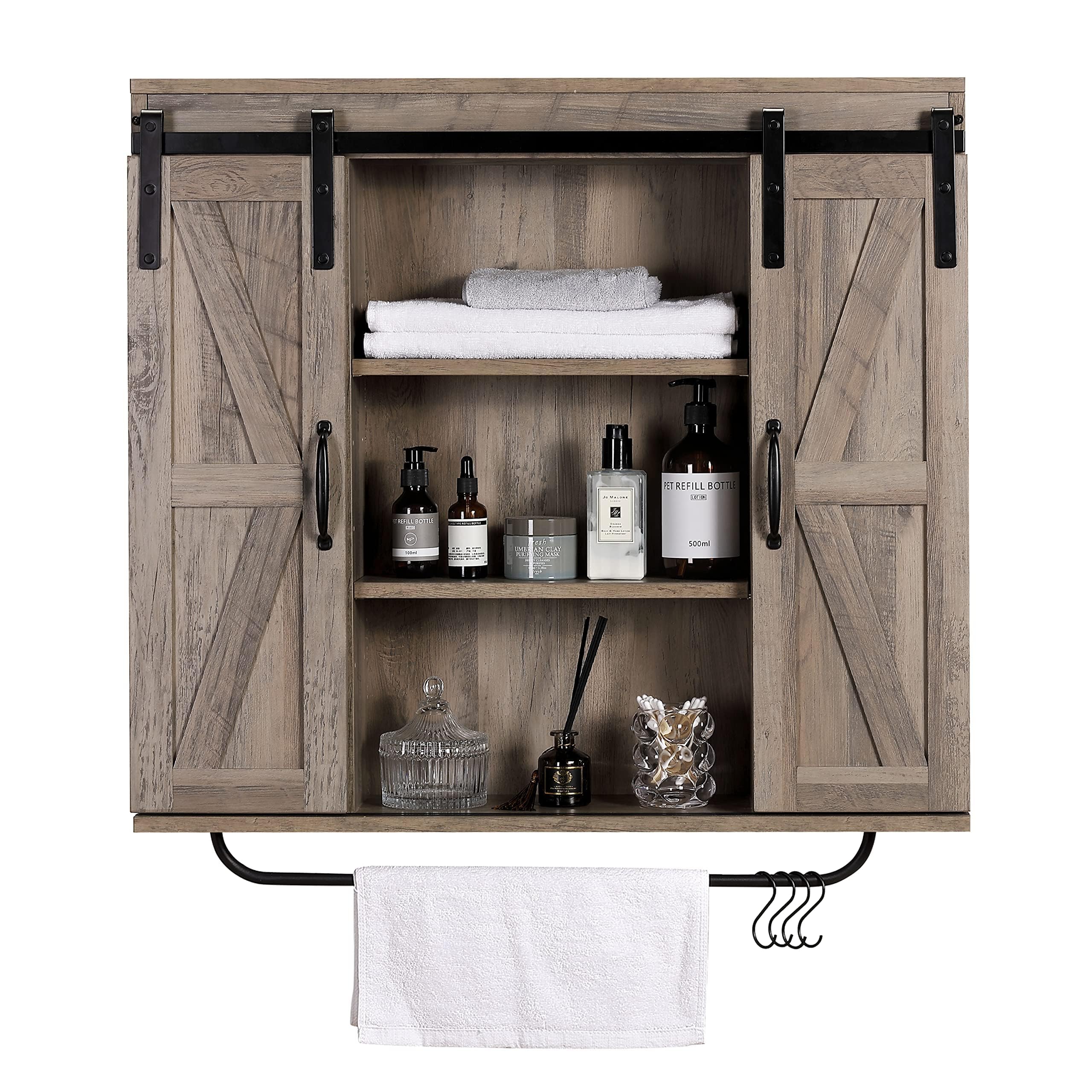 RUSTOWN Rustic Wood Wall Storage Cabinet with Two Sliding Barn Door, 3-Tier Decorative Farmhouse Vintage Cabinet for Kitchen Dining, Bathroom, Living Room, Washed Oak