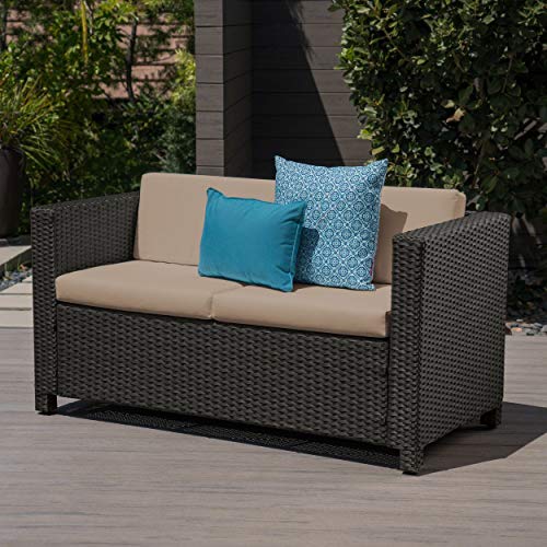 Christopher Knight Home Puerta Outdoor Wicker Loveseat with Cushions, Dark Brown / Beige Cushions
