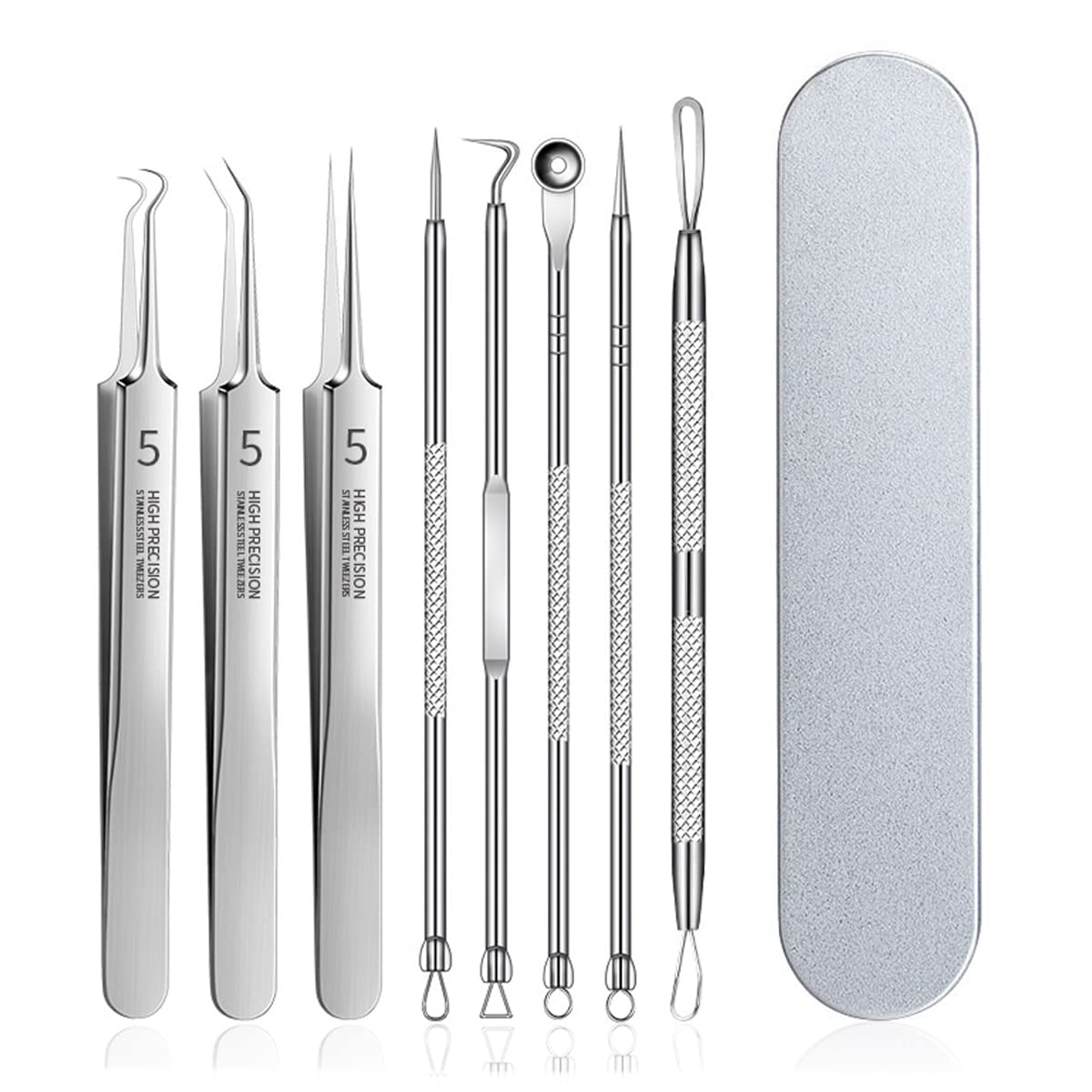 Blackhead Remover Tools - Pack of 8Pcs Silver Pimple Popper Tool Kit, Black Head Extractions Tool, Stainless Steel Acne Blackhead Tools with Portable Metal Case