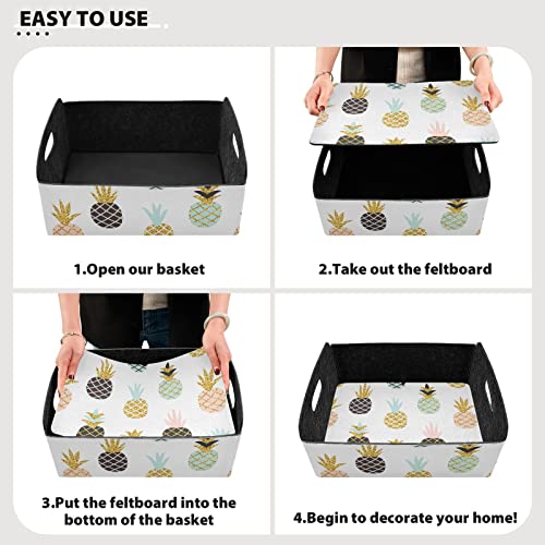 Fabric Storage Cube (Geometric Gold Pineapple) 13.7 × 10.2 × 5.1 inch, Large Capacity Decorative Foldable Storage Basket Organizer with Handles Rectangle Thick for Multi Use