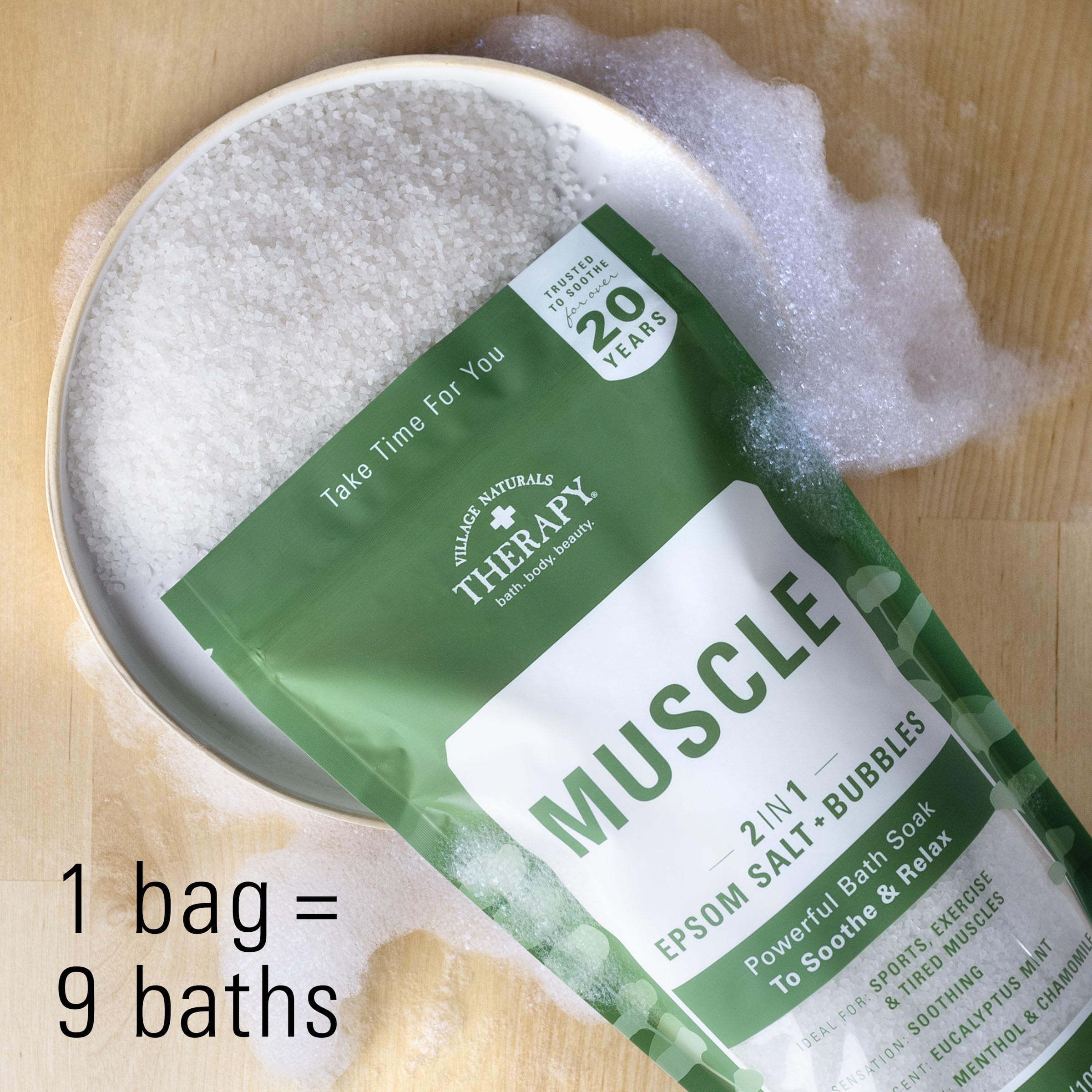 Village Naturals Therapy Muscle Foaming Epsom Soak, Eucalyptus Mint Scent, 36 oz, Pack of 2
