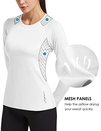 BALEAF Women's Long Sleeve Workout Tops Quick Dry Running Shirts for Hiking White XXL