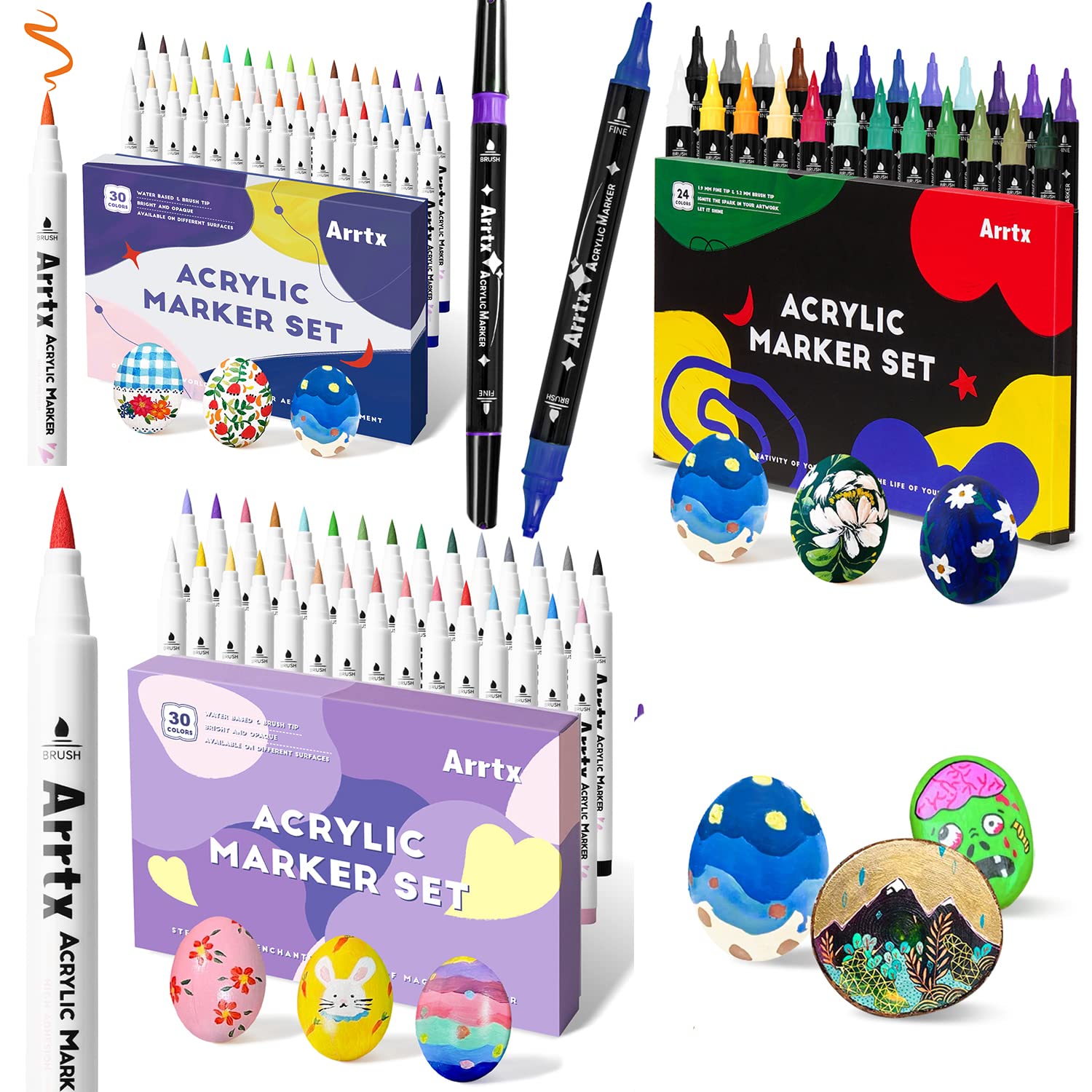 Arrtx 84 Color Acrylic Paint Pens, Including 24 Colors 30A 30B-Total 3 Set, Paint Markers for Rock Painting, Water Based Acrylic Painting Supplies for Fabric Painting,Plastic, Easter Egg