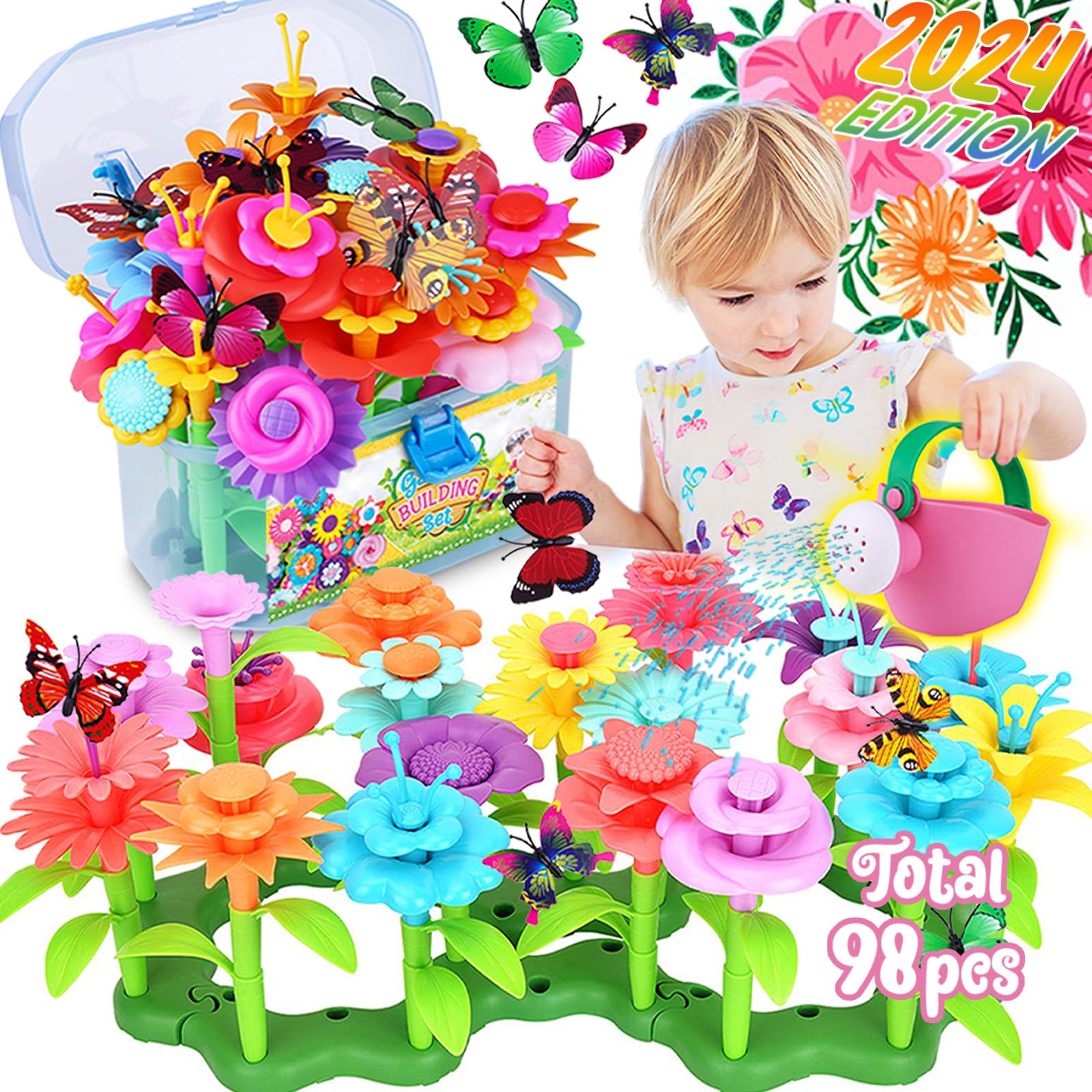 Innorock Flower Garden Building Toys with Portable Storage Box - Flower Stacking Toys for Toddlers, Preschool Learning Activities, Craft Kits, Birthday Gift for Girls 3 4 5 6 7 8 Year Old Girl Gift