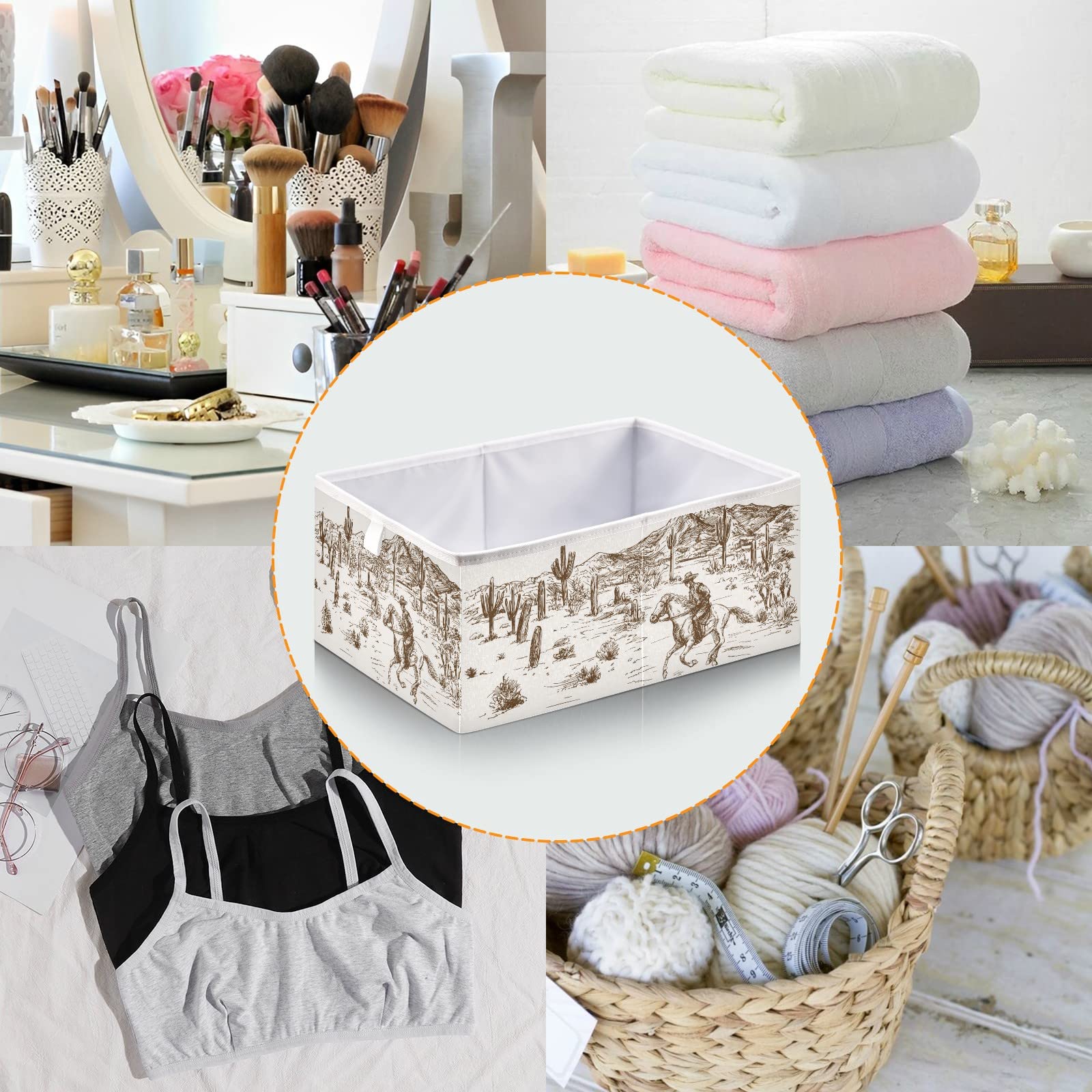 linqin Wild-west-desert-cowboy Collapsible Open Storage Bins, Foldable Toy Nursery Storage Basket Bin Cloth Cube Rectangular Organizer with Handles for Shelves Closet Home Decor