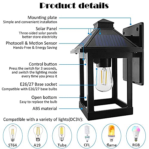 INDARUN Solar Wall Lantern Lights with 3 Modes, Solar Lights Outdoor Waterproof, Dusk to Dawn Motion Sensor LED Wall Sconce, Porch Barn Light, Warm White Lighting for Garage, Yard, Patio