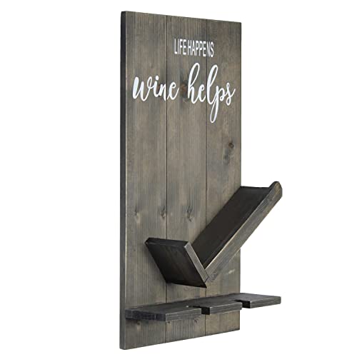 Elegant Designs HG1016-RGY Lucca Quote Saying “Life Happens Wine Helps” Wooden Bottle Shelf with Glass Holder Wall Mounted Wine Rack, Rustic Gray