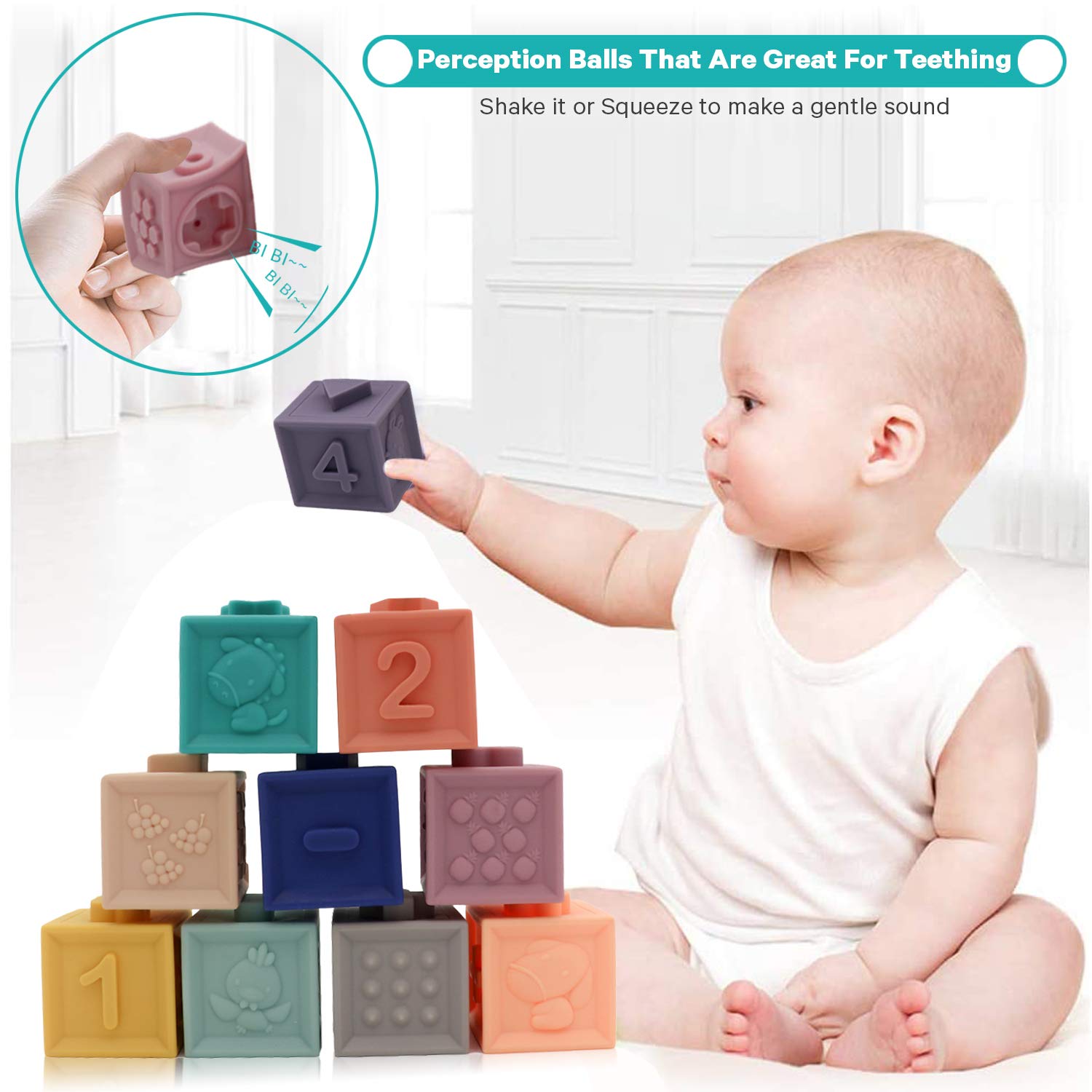 Kcuina Baby Blocks, 12 pc - Soft Stacking Building Blocks - Toy 6 to 12 Months Toddlers Boys & Girls- Squeeze & Play - Educational Toy for 6 Months and Up - Numbers, Animals, and Textures