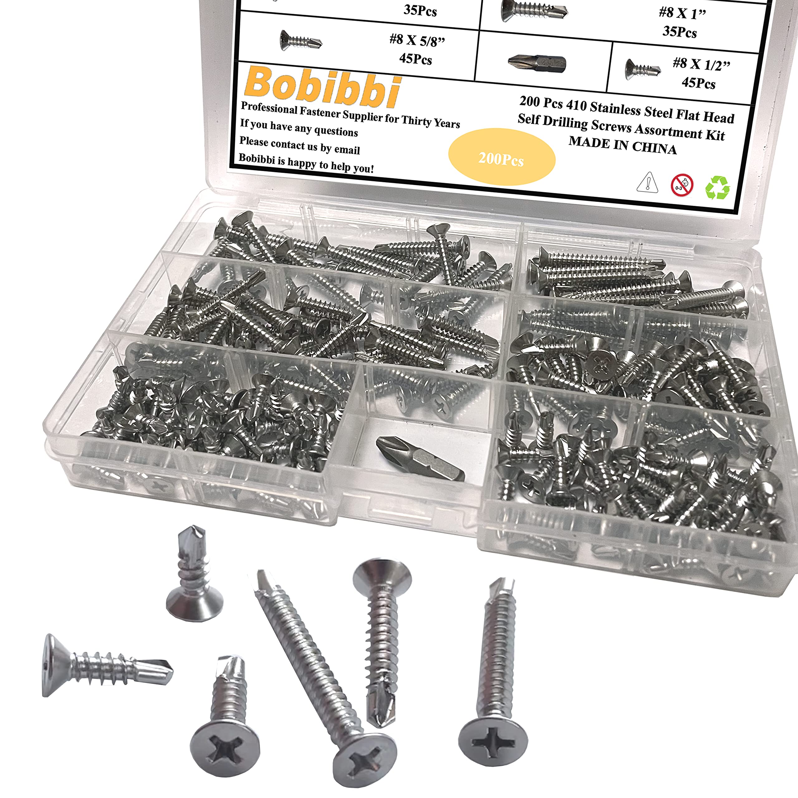 Bobibbi 410 Stainless Steel #8 Self Drilling Screw Assortment Kit, Flat Head Sheet Metal Screws - Size: #8 x 1/2'' - 1-1/2'' - Pack of 200