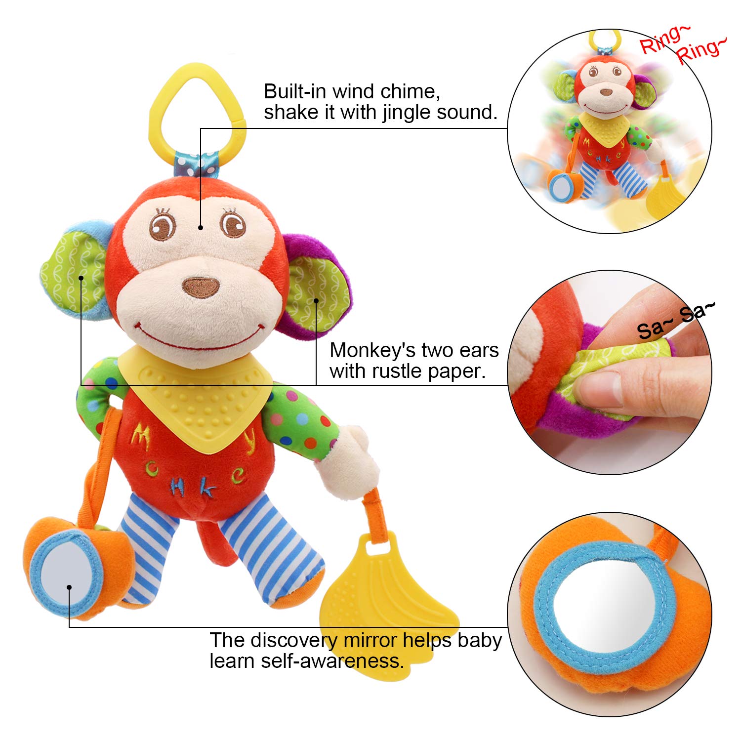 MARUMINE Baby Crib Stroller Hanging Rattle Toy with Teether, Car Seat Toys for 0-12 Months Infant (Monkey)